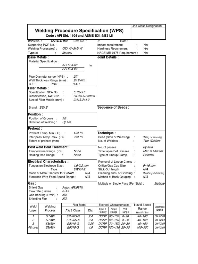 Welding Procedure Specification (WPS) : Code: API Std. 1104 and ASME ...