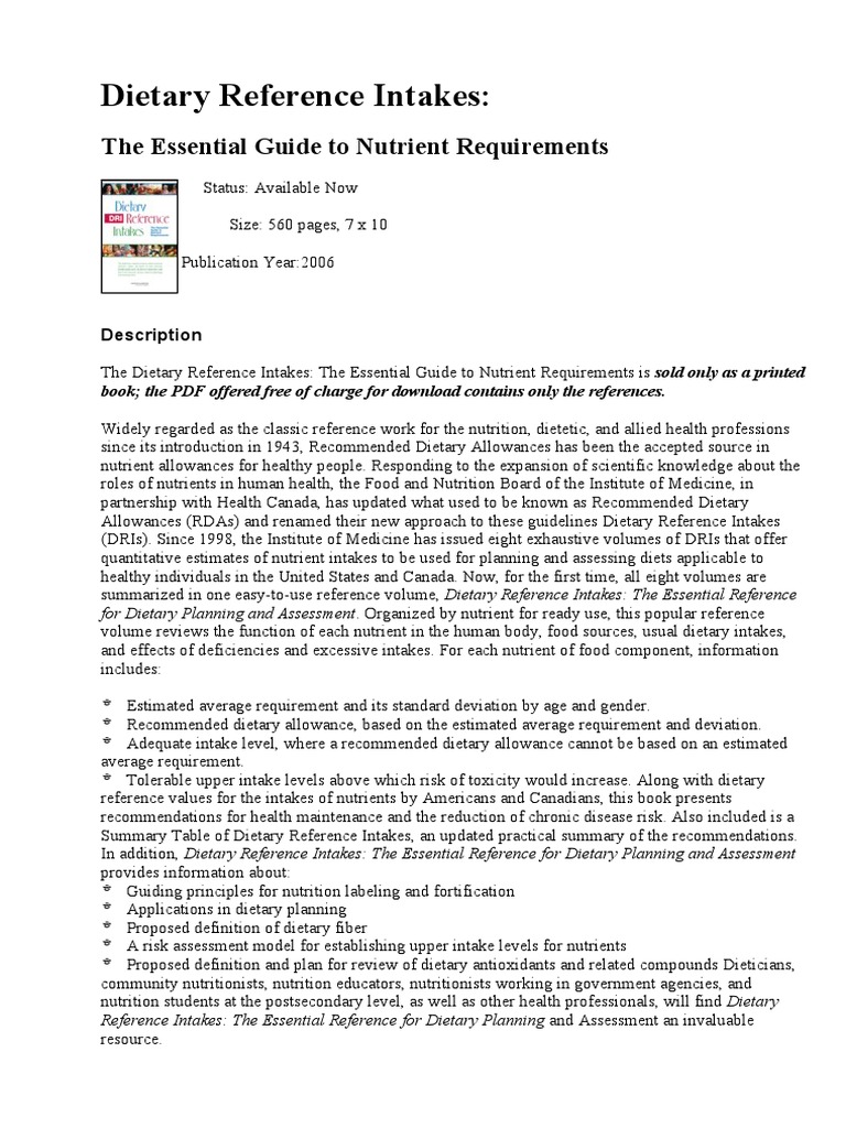 Dietary Reference Intakes:: The Essential Guide To Nutrient ...