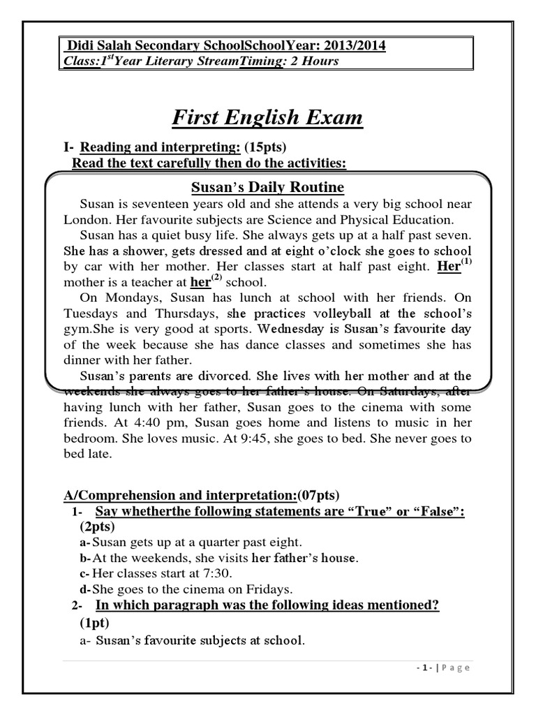 First English Exam (1st Term) LTR | PDF | Workweek And Weekend | Ellipsis