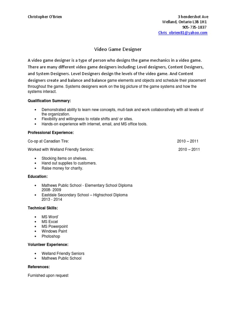 Game Designer CV of Christopher O’Brien | PDF | Games & Activities