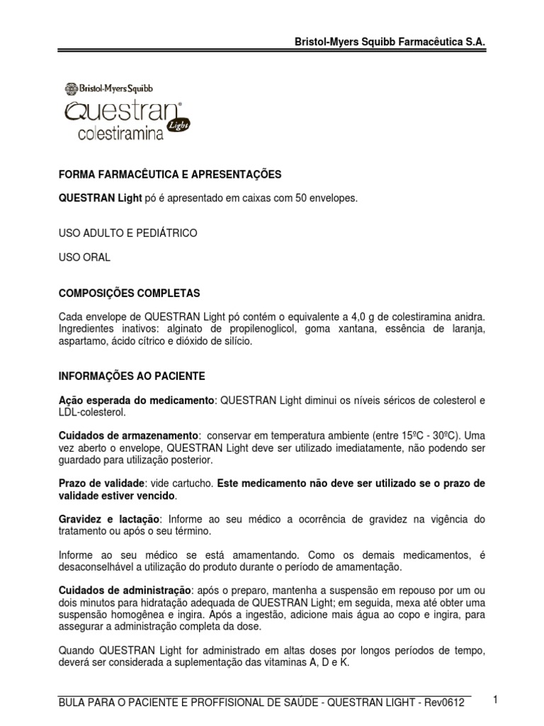 Bula do Questran Light: Indicações e Uso | PDF | Colesterol | Diarreia