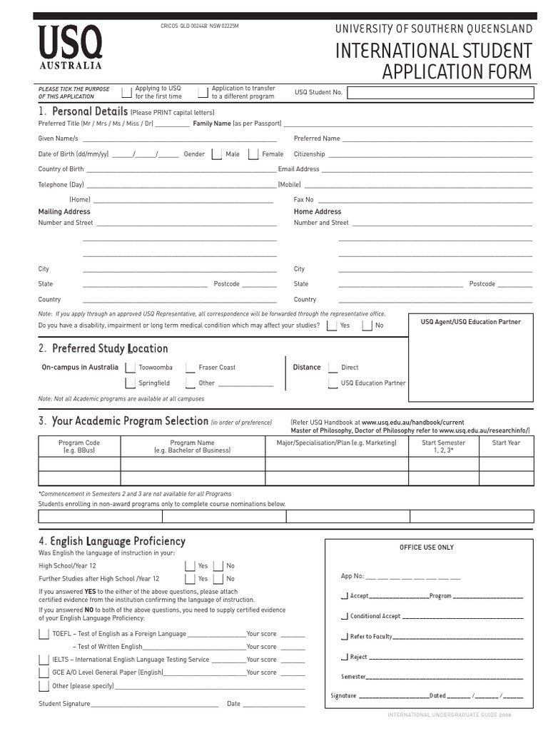 USQ Application Form | PDF | University | Learning