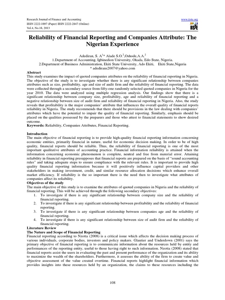 Reliability of Financial Reporting and Companies Attribute | PDF ...