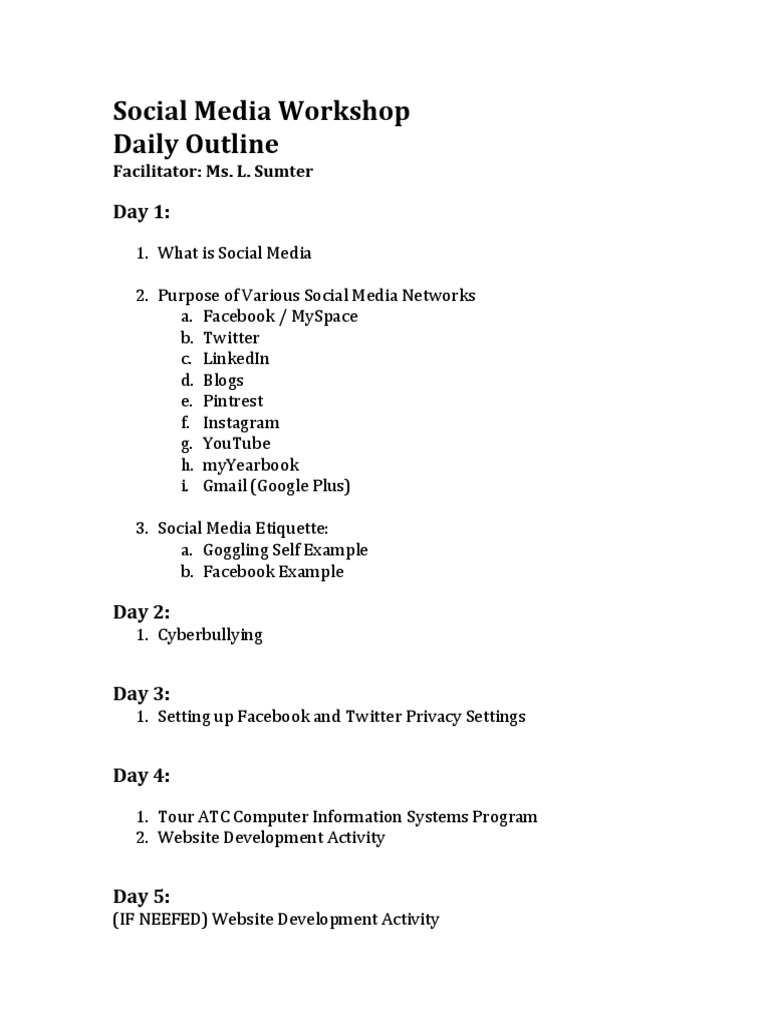 Social Media Workshop Daily Outline | PDF | Computers | Technology ...