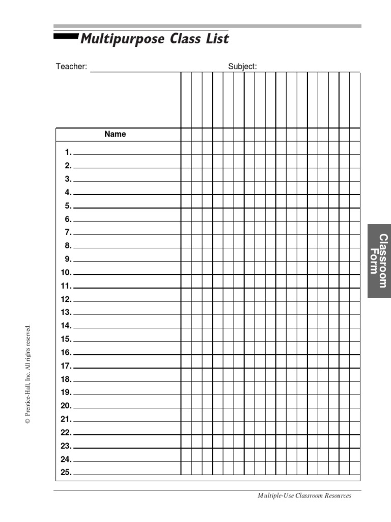 Multipurpose Class List: Teacher: Subject | PDF