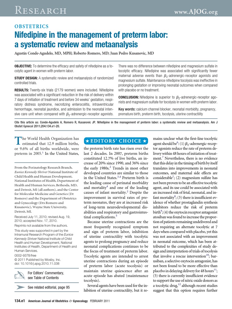 Nifedipine in Management Preterm Labor | PDF