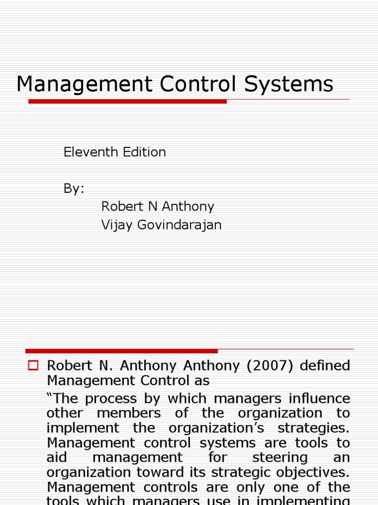 Management Control Systems: Eleventh Edition By: Robert N Anthony Vijay ...