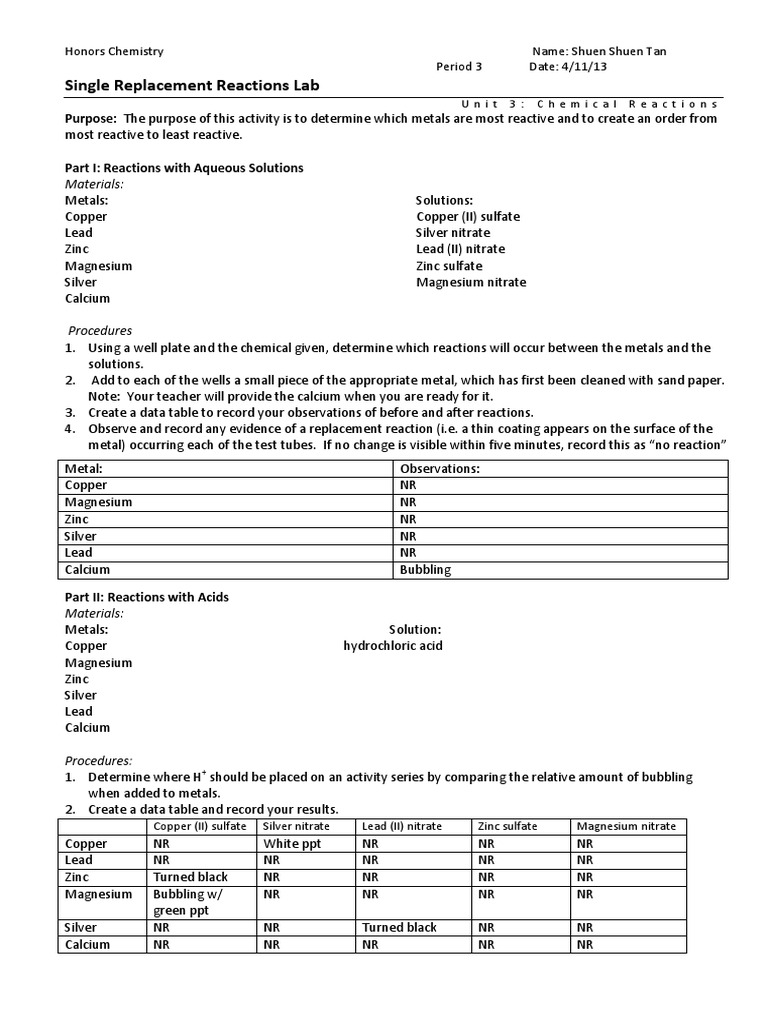 1314 Lab - Single Replacement Lab As Inquiry Based 1 | PDF | Magnesium ...