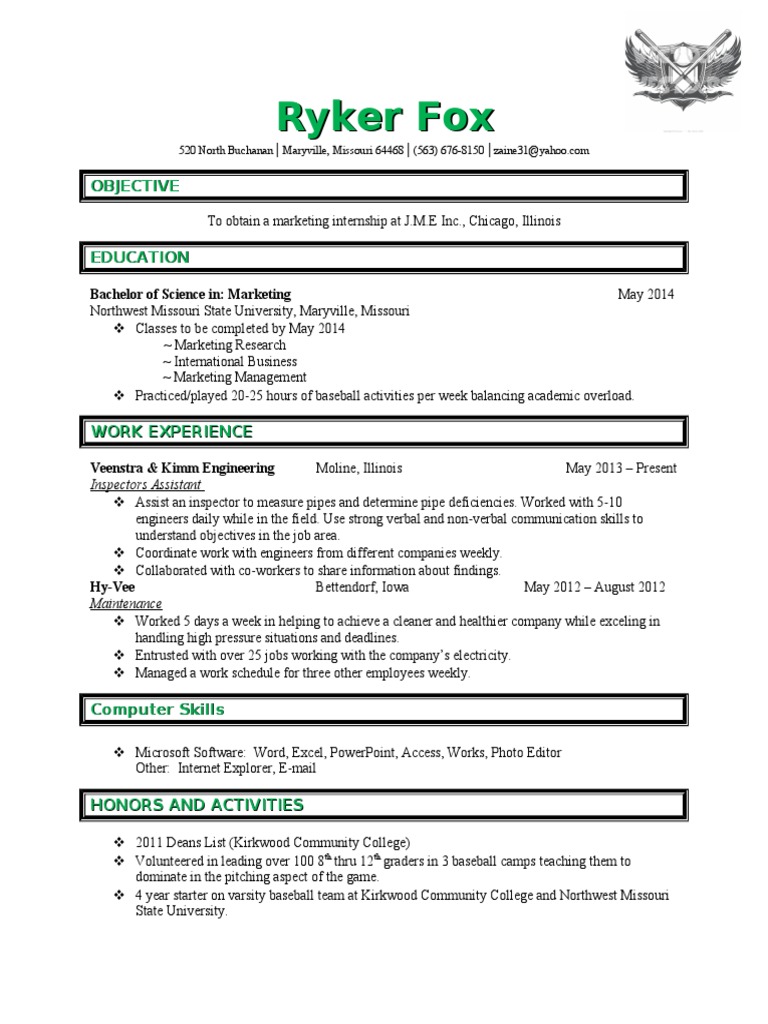 Marketing Internship Resume for Ryker Fox | PDF | Business | Science ...