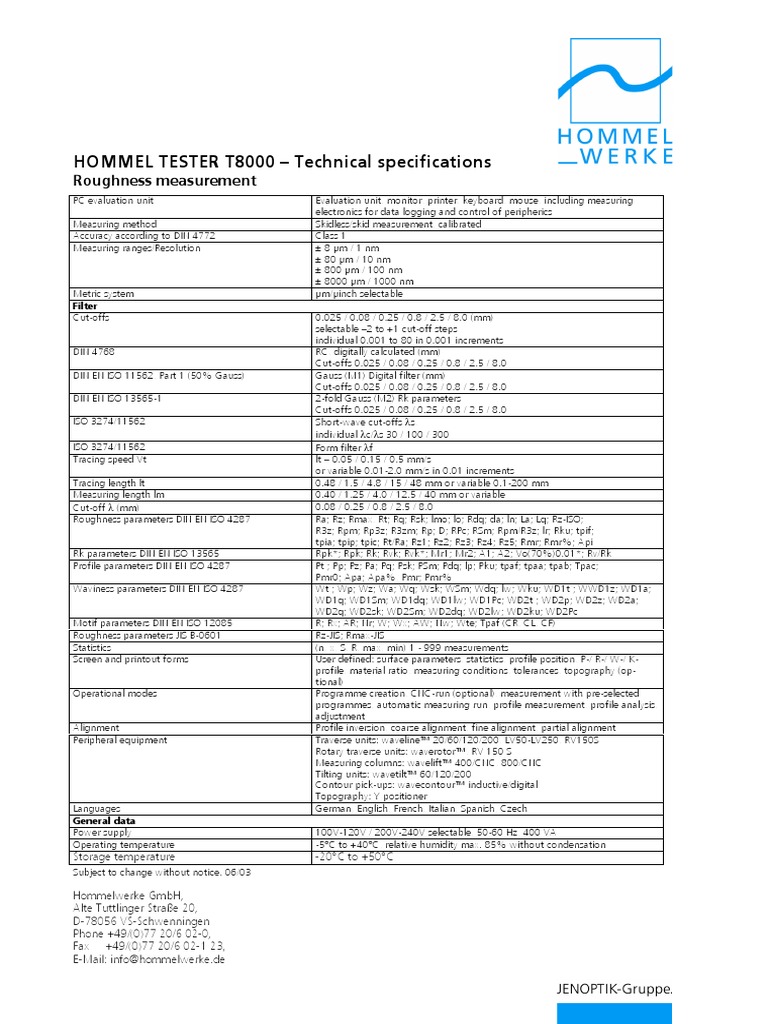 Hommel Tester t8000 | PDF | Surface Roughness | Computing And ...