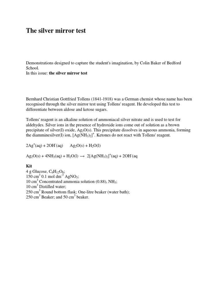 Silver Mirror Test | PDF | Molecules | Sets Of Chemical Elements