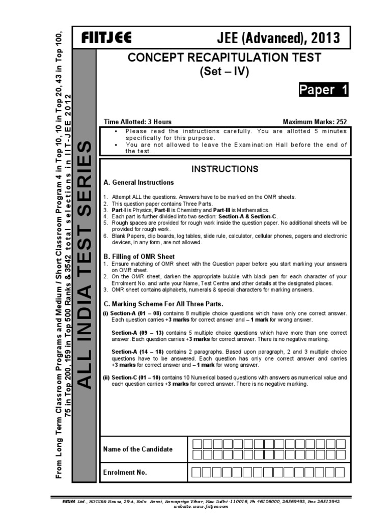 Fiitjee Concept Recapitulation Test 1 | PDF | Buoyancy | Molecular Orbital