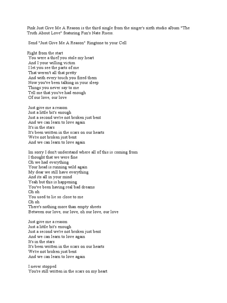 Pink Just Give Me A Reason Is The Third Single From The Singer | PDF ...