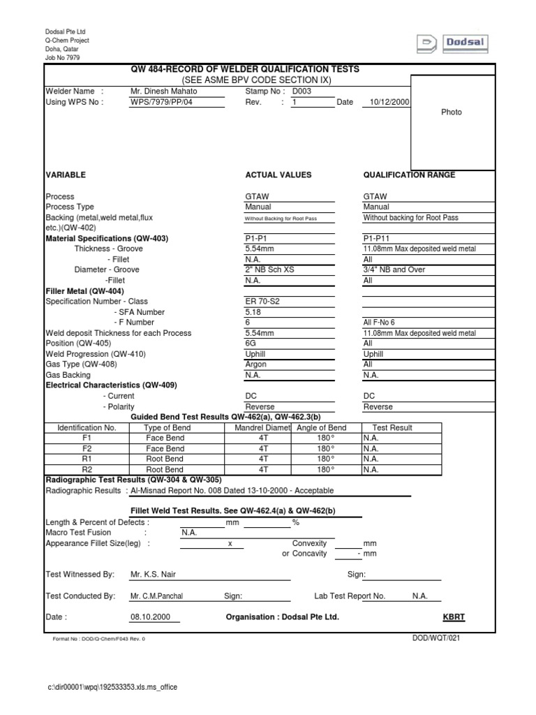 QW 484-Record of Welder Qualification Tests: (See Asme BPV Code Section ...