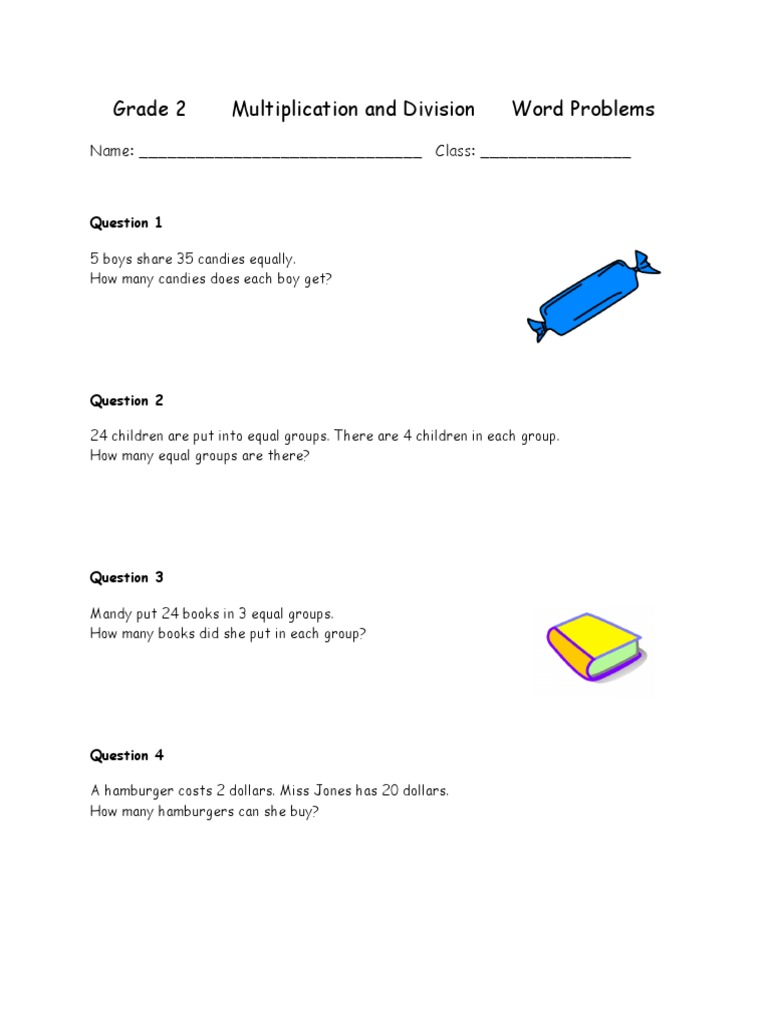 Grade 2 Multiplication and Division Word Problems: Name: - Class | PDF ...