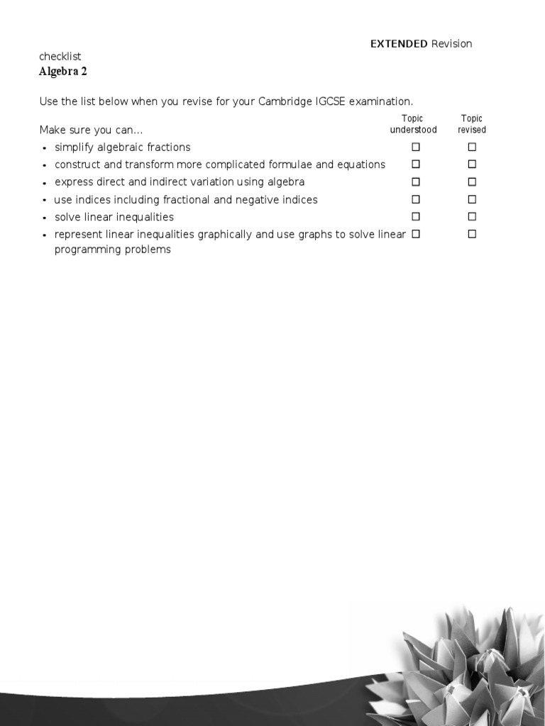 Algebra 2 Revision Checklist for IGCSE | PDF | Algebra | Mathematical ...