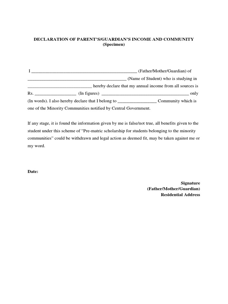 Declaration of Parent'S/Guardian'S Income and Community (Specimen) | PDF