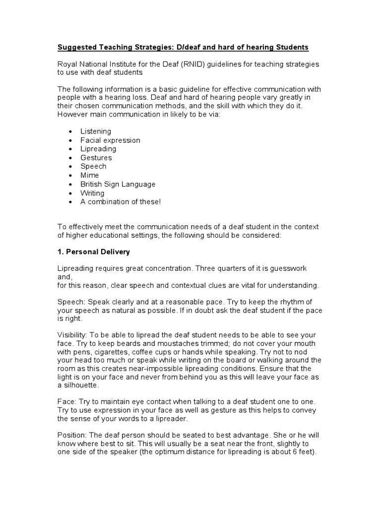 Teaching Strategies for Deaf Students | PDF | Hearing Loss | Lecture
