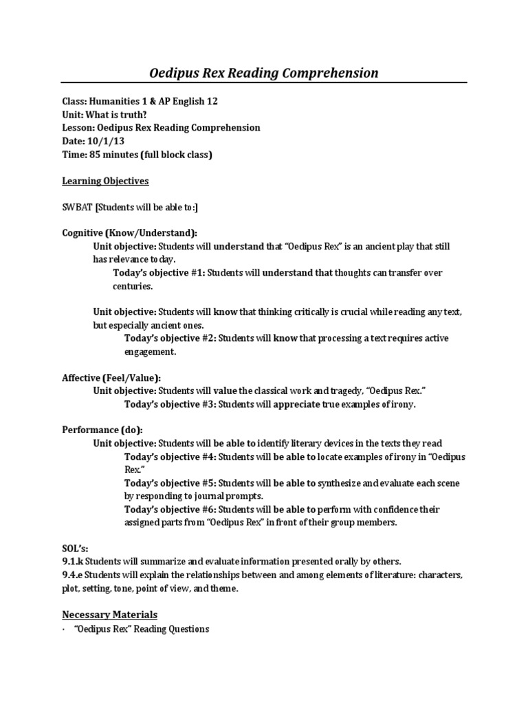 Oedipus Rex Reading Comprehension | PDF | Irony | Reading Comprehension