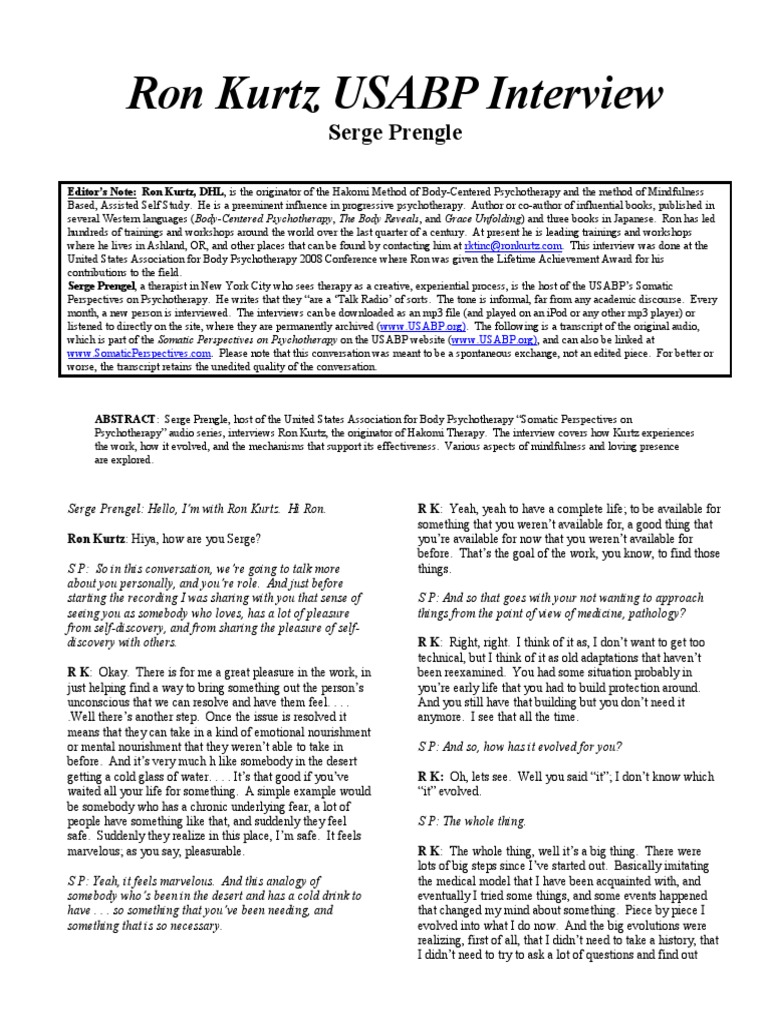 02 Ron Kurtz Us Abp Interview | PDF | Mindfulness | Psychotherapy