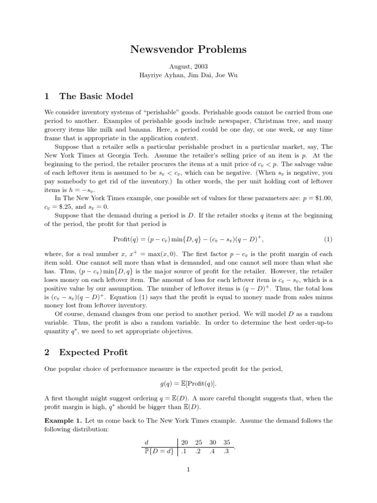 Newsvendor Problems: 1 The Basic Model | PDF | Probability Distribution | Mean