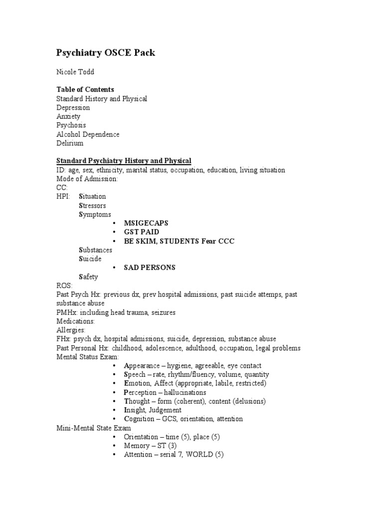 Psychiatry Osce Pack | PDF | Major Depressive Disorder | Diagnostic And ...