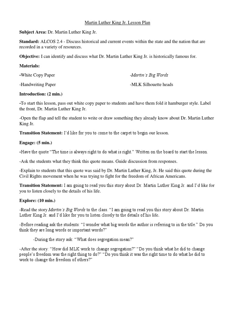 Student Teaching MLK Lesson Plan | PDF | Martin Luther King Jr ...