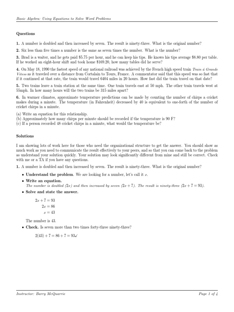 2.6 Using Equations To Solve Word Problems | PDF | Speed | Equations