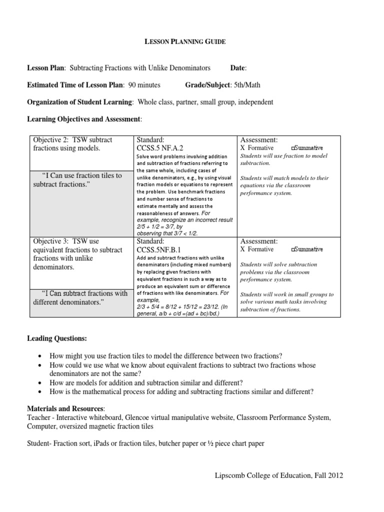 Subtracting Fractions Lesson Plan | PDF | Fraction (Mathematics ...