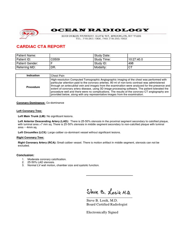 Cardiac Cta Report Sample | PDF