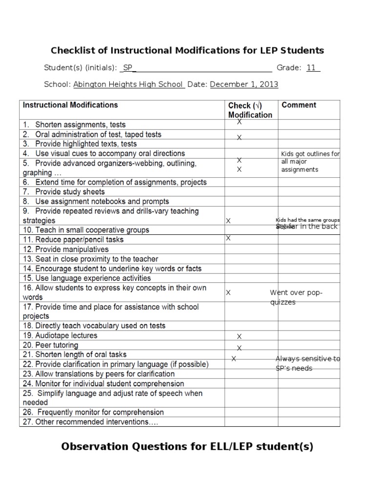 Checklist of Instructional Modifications For Lep Students | PDF ...