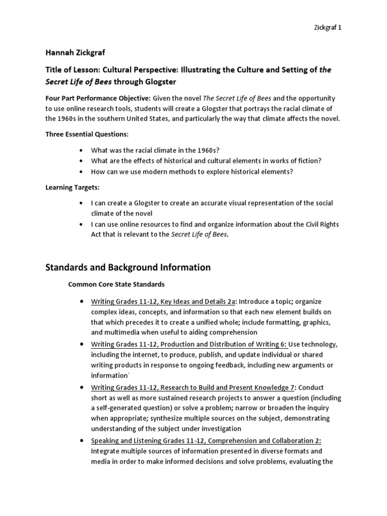 The Secret Life of Bees Lesson Plan | PDF | Educational Assessment ...
