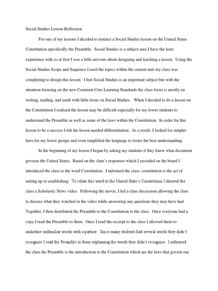 Social Studies Lesson Reflection | PDF | Understanding | Attention