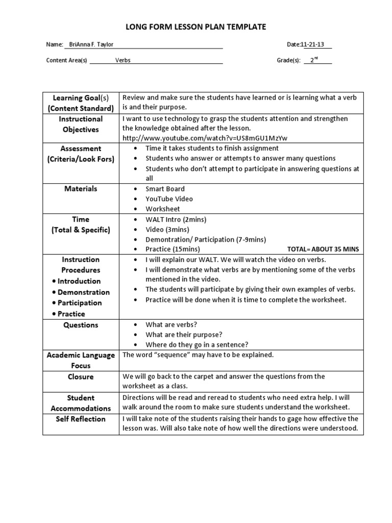 2nd Grade Verb Lesson Plan Template | PDF