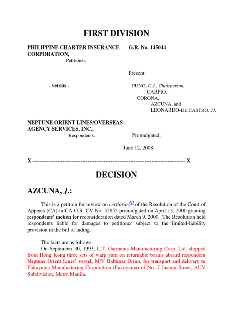 Phil Charter Ins Corp V Neptune Orient Lines | PDF | Bill Of Lading | Cargo