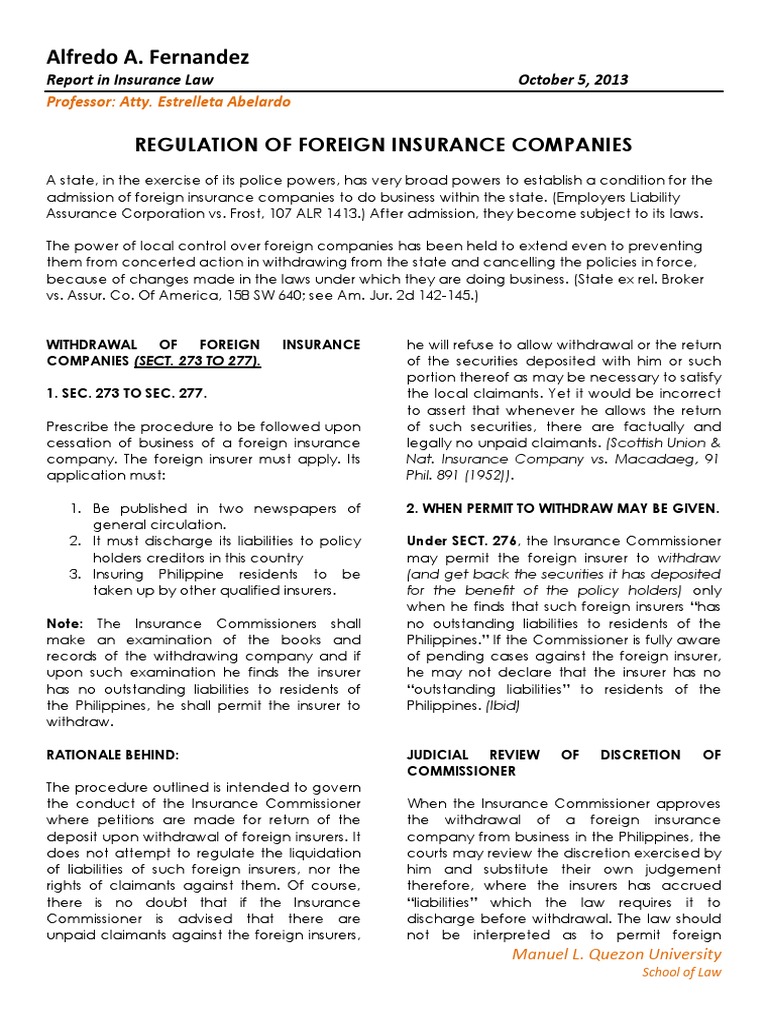 Foreign Insurance Regulation Report | PDF | Reinsurance | Insurance