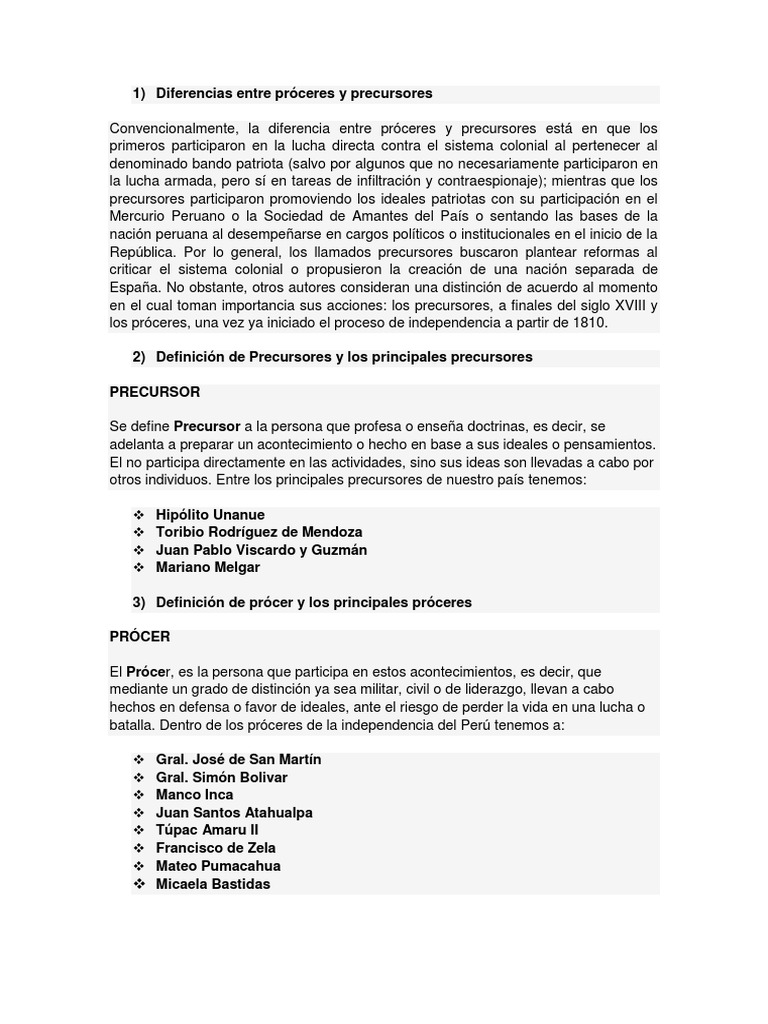 Diferencias entre próceres y precursores | Perú | América del Sur