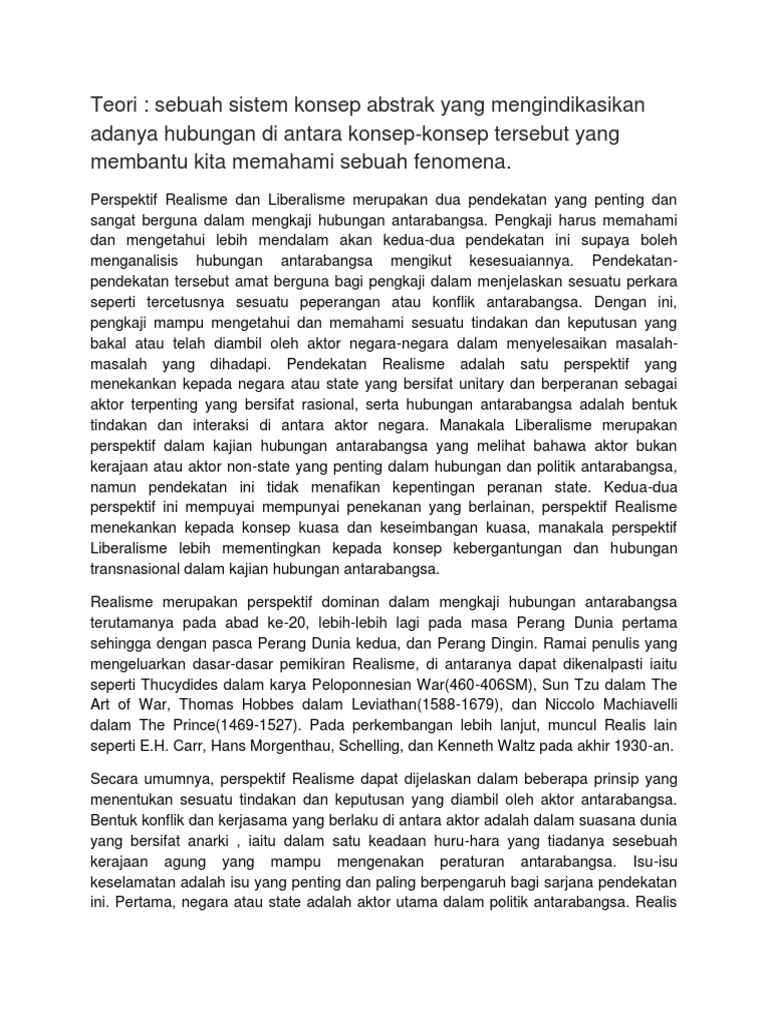 Teori Realisme dan Liberalisme dalam Hubungan Antarabangsa | PDF
