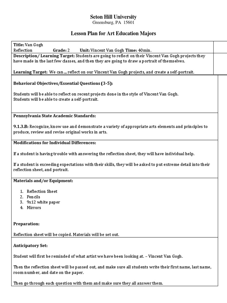 Vincent Van Gogh Reflection Lesson-Grade 2-Stanwood | PDF | Vincent Van ...