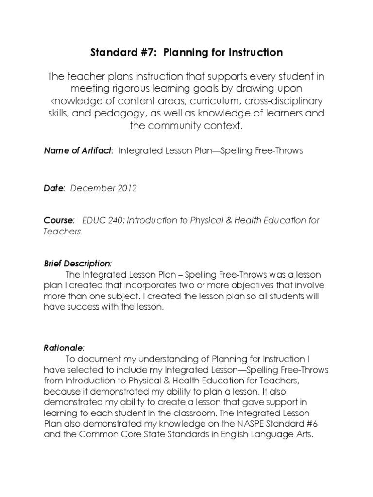 Standard 7 Planning For Instruction | PDF