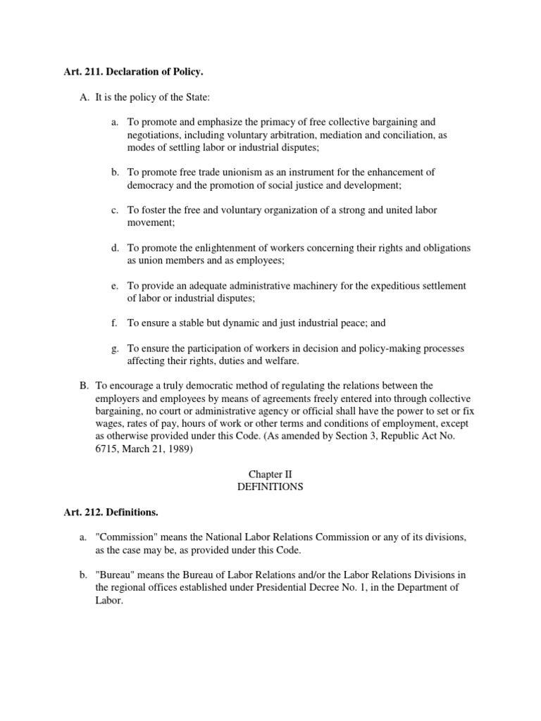 Labor Code Declaration of Policy and Definition | PDF | Trade Union ...