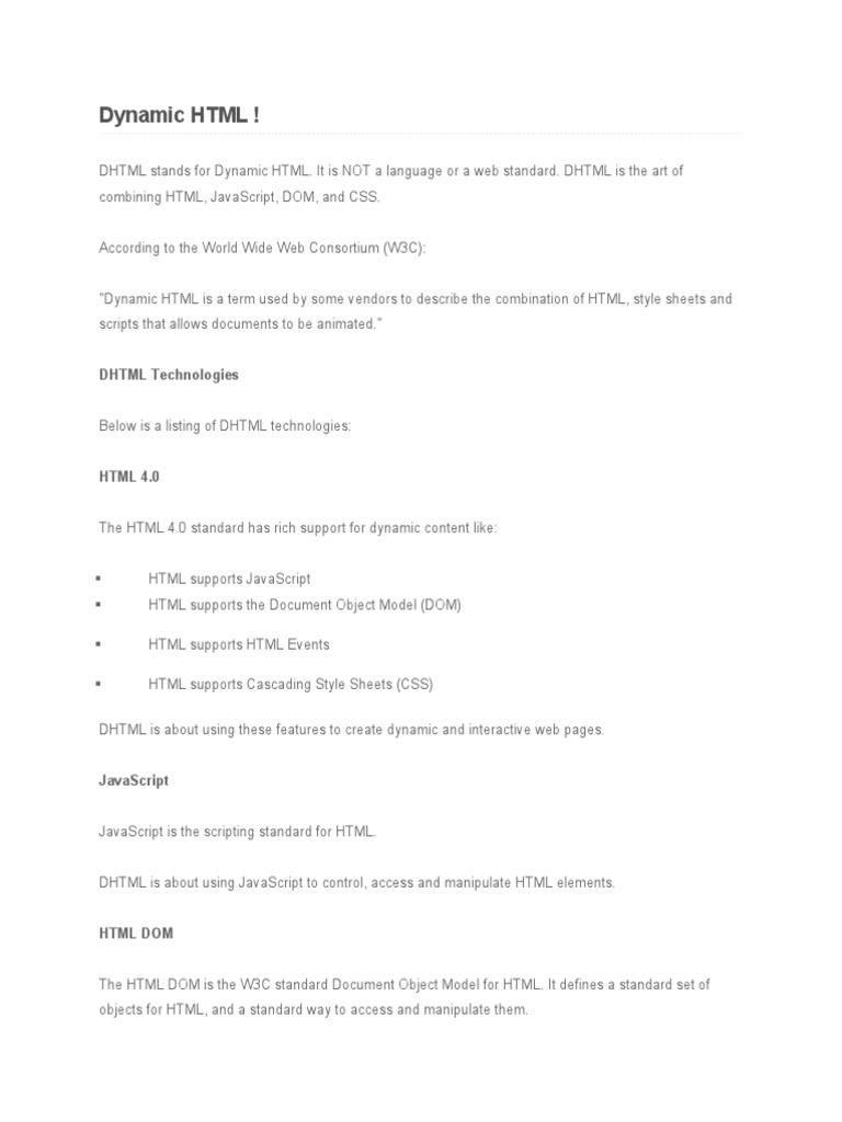 Dynamic Html Dhtml Technologies Pdf Dynamic Html Html Element 