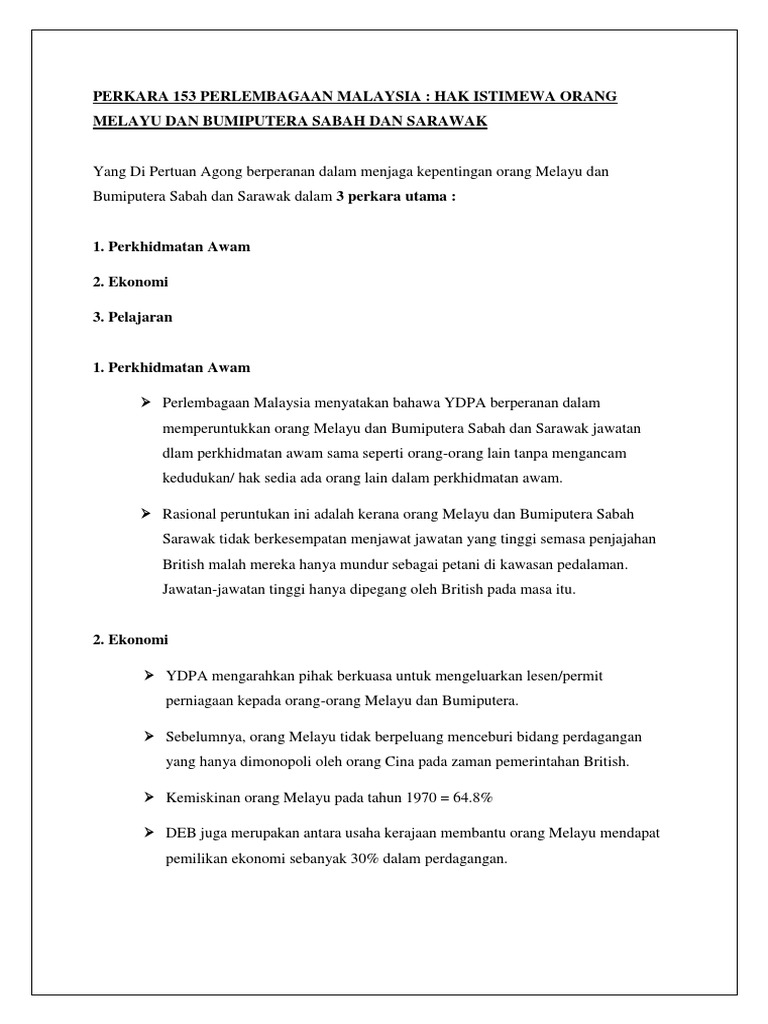 Perkara 153 Perlembagaan Malaysia - Hak-Hak Istimewa Orang Melayu Sabah & Sarawak | PDF