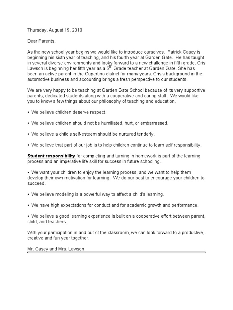 First Day 09 Parent Letter rm1415 09 | PDF | Homework | Teachers
