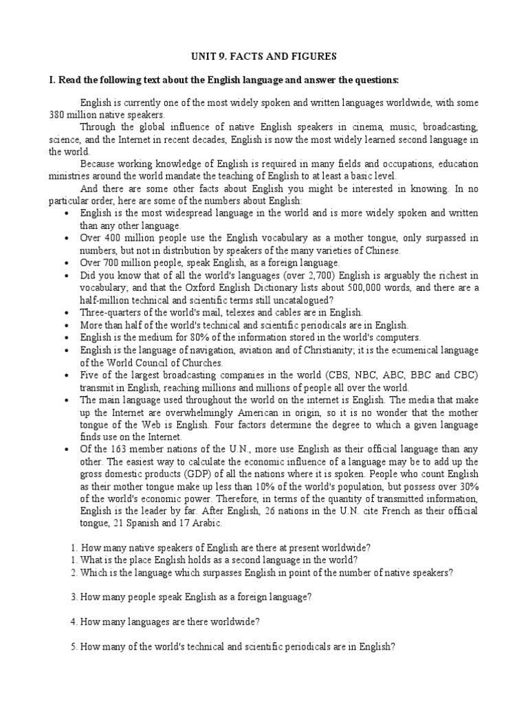 Unit 9. Facts and Figures I. Read The Following Text About The English ...