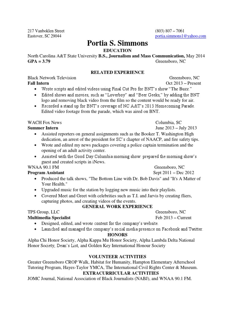 Portia S. Simmons: Journalism Resume | PDF