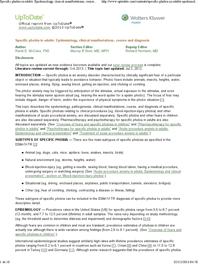 Specific Phobia in Adults - Epidemiology, Clinical Manifestations ...