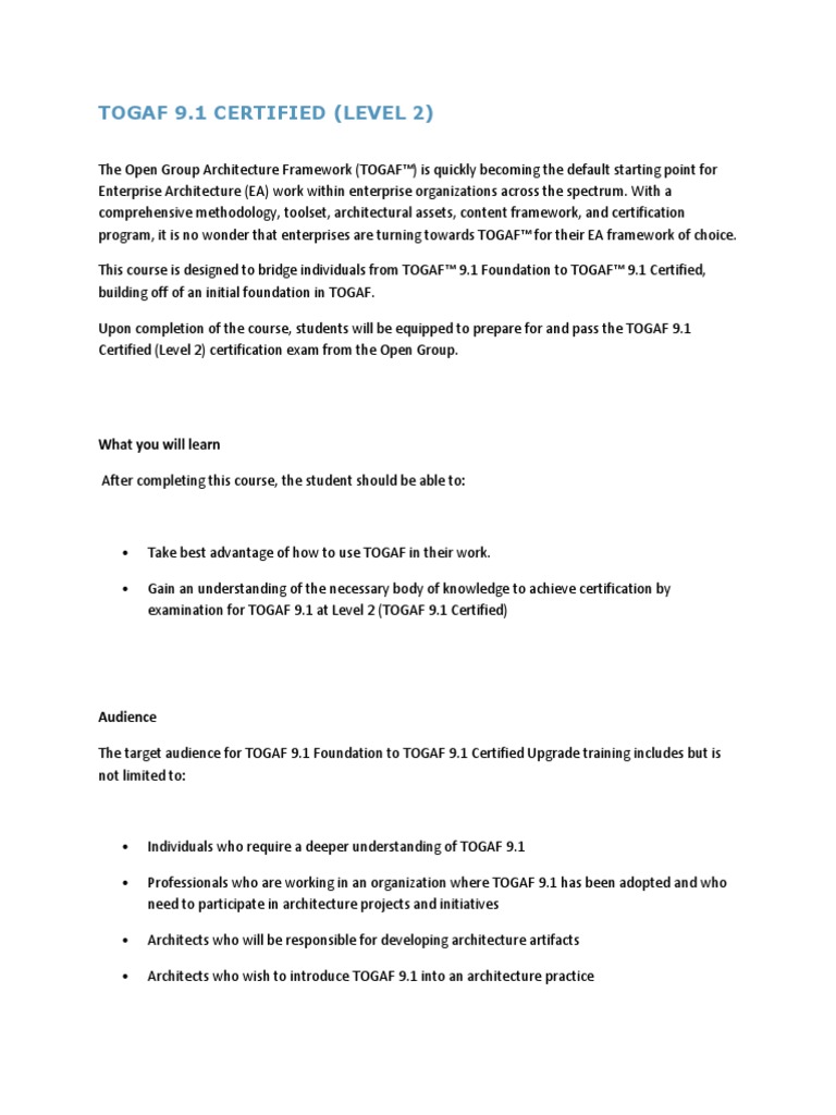 TOGAF 9.1 Certified Level 2 | Enterprise Architecture | Information ...