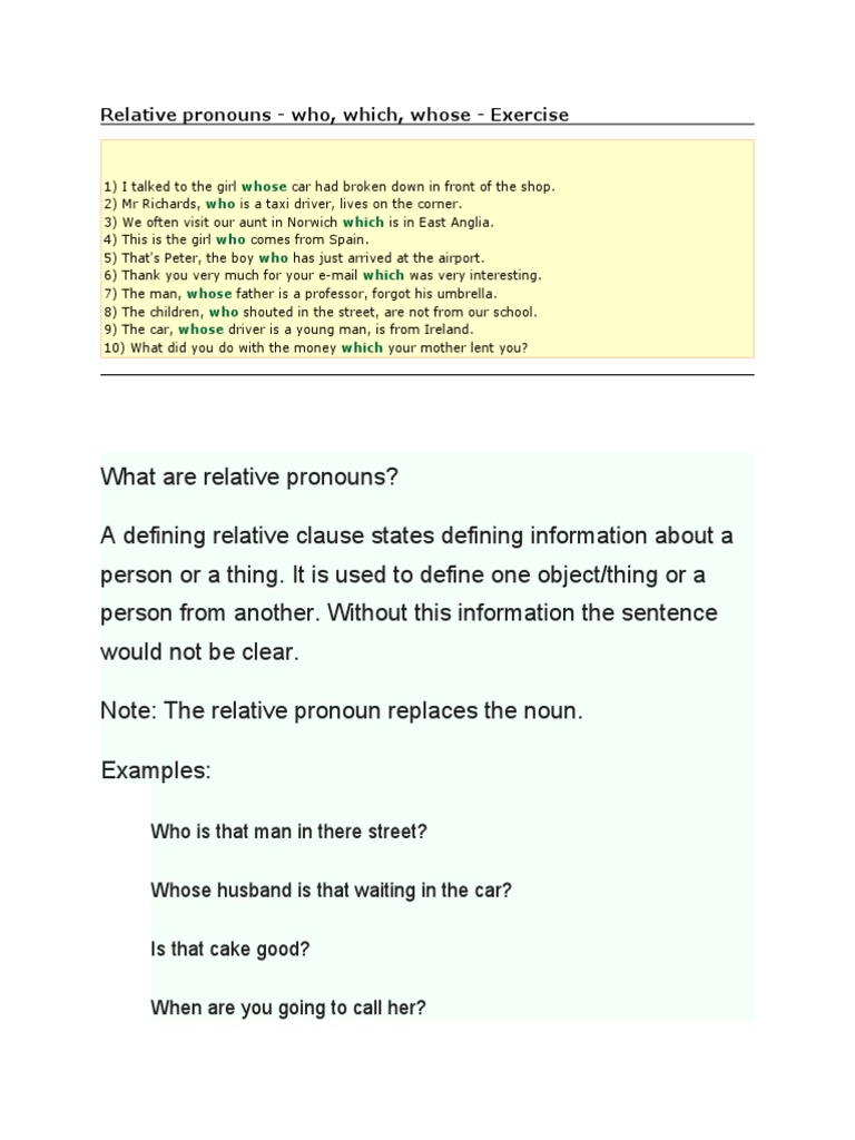 Relative Pronouns - Who, Which, Whose - Exercise | PDF
