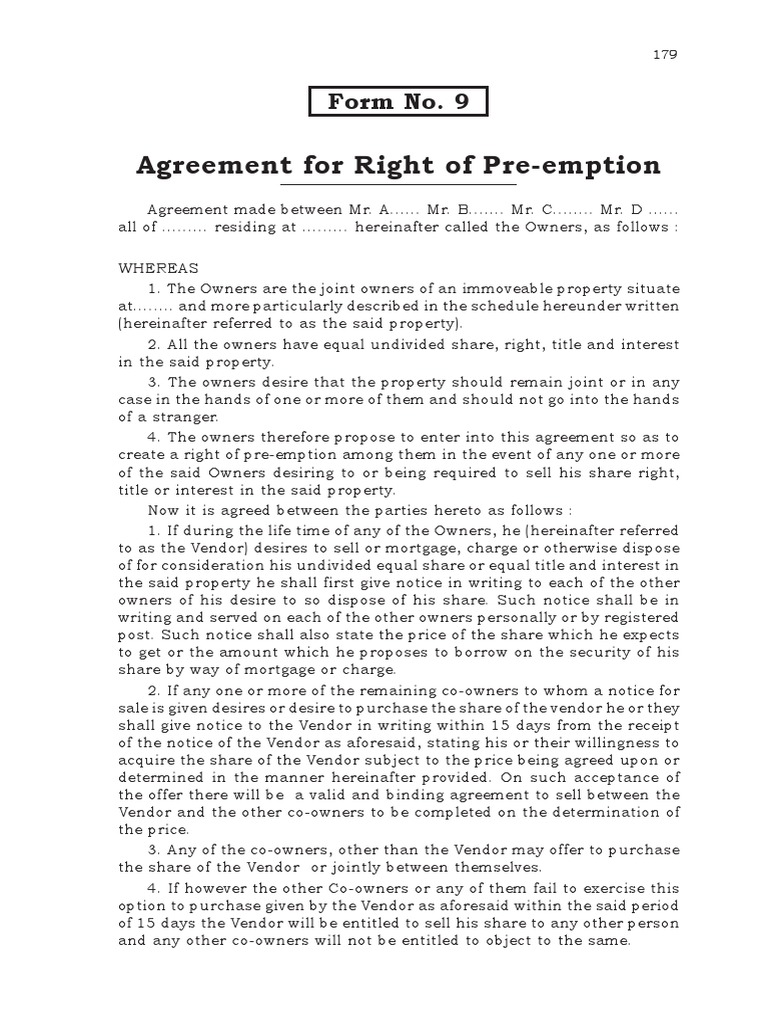 Agreement For Right of Pre-Emption: Form No. 9 | PDF | Mortgage Law ...